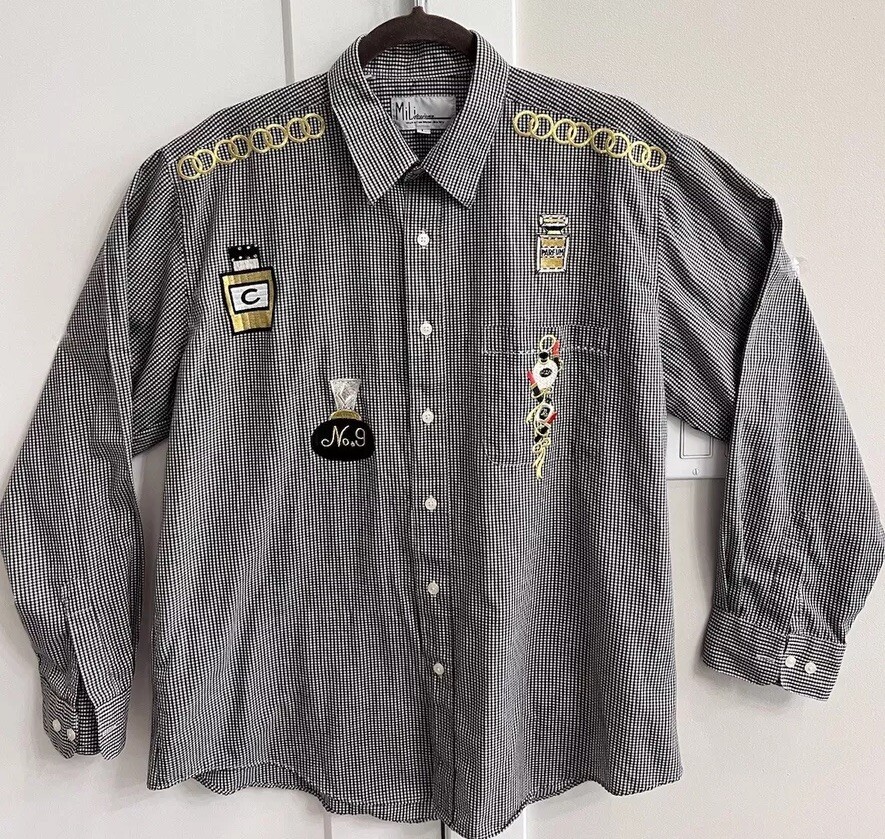 Vtg Mili Designs Button Down Shirt Black White Embellished Patches ...
