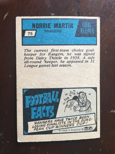a & bc gum Scottish football cards 1969 blue backs Norrie Martin ...