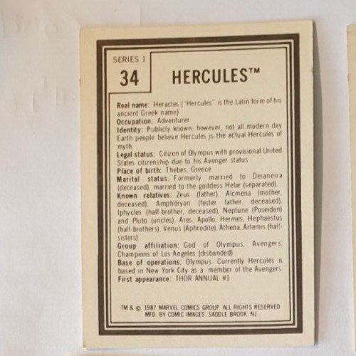 1987 MARVEL UNIVERSE COMIC IMAGES TRADING CARDS HERCULES CARD # 34 | eBay