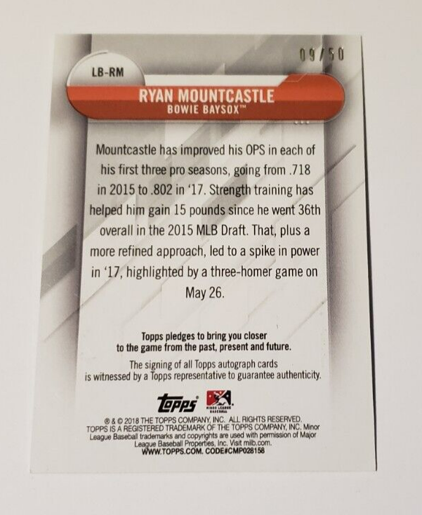 2018 Topps Pro Debut Ryan Mountcastle Auto Autograph #9/50 Bowie Baysox ...