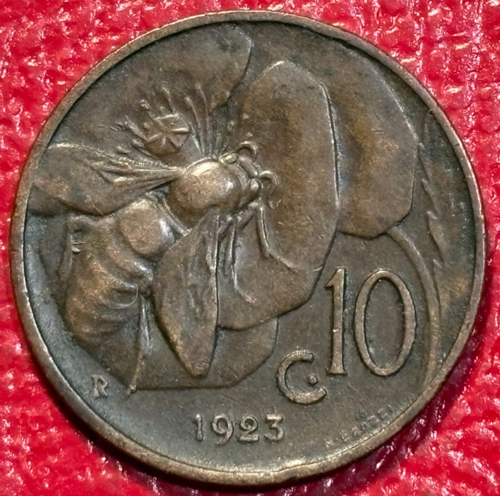 VINTAGE HIGH GRADE 1923 R ITALY 10 CENTESIMI HONEY BEE FOREIGN COIN ...