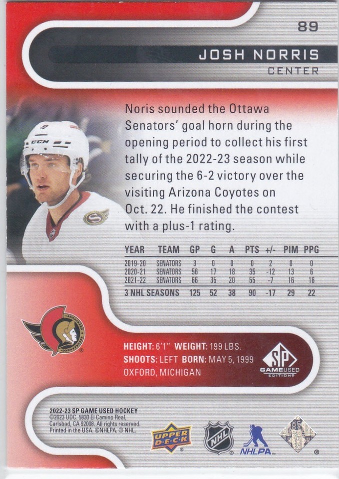 2022/23 SP GAME USED..JOSH NORRIS..RED PARALLEL../223..CARD # 89 ...