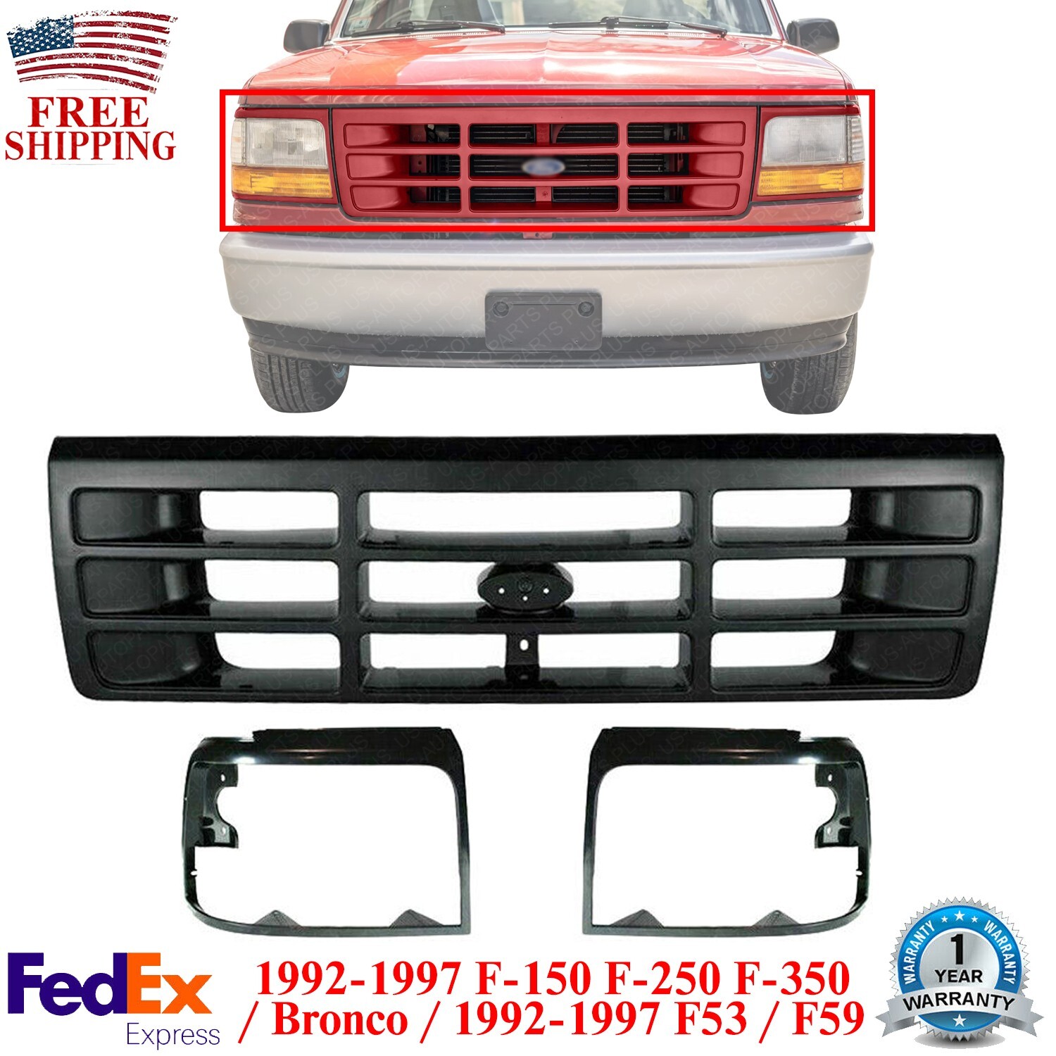 Front Grille Assembly Primed + Headlight Bezels For 1992-97 F-150 F-250 ...