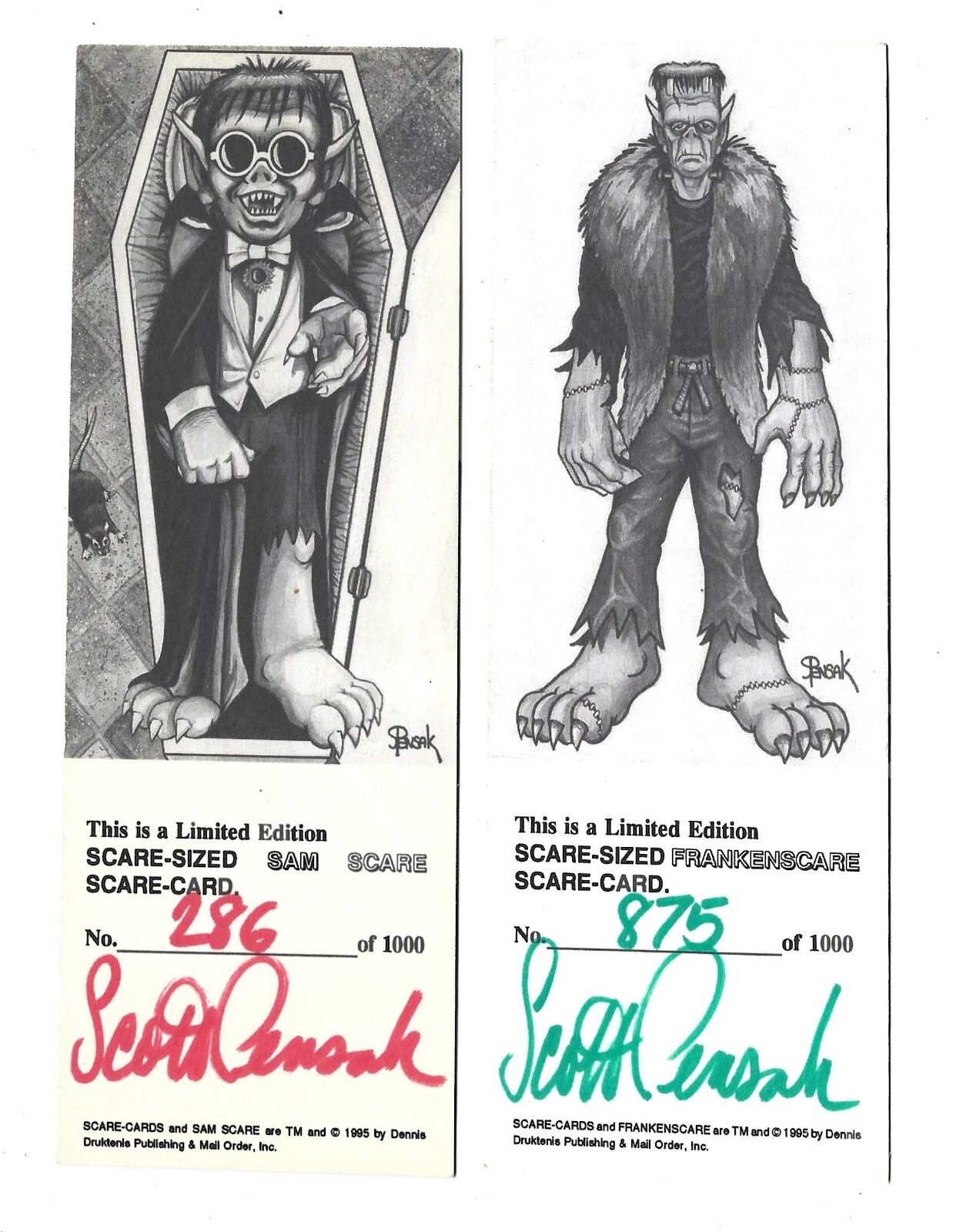 FRANKENSTEIN & DRACULA SCARE CARDS SIGNED & NUMBERED SET DENNIS ...