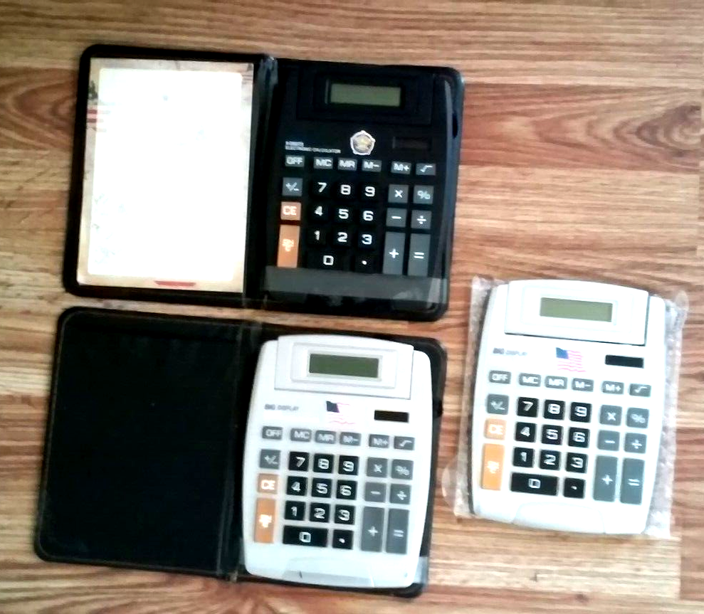 3 Big Display Calculators Large Buttons In Case Pocket 8"x6" Takes DC ...