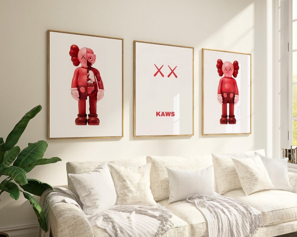 Set of 3 Red and white Kaws Art pieces canvas wall art home decor | eBay