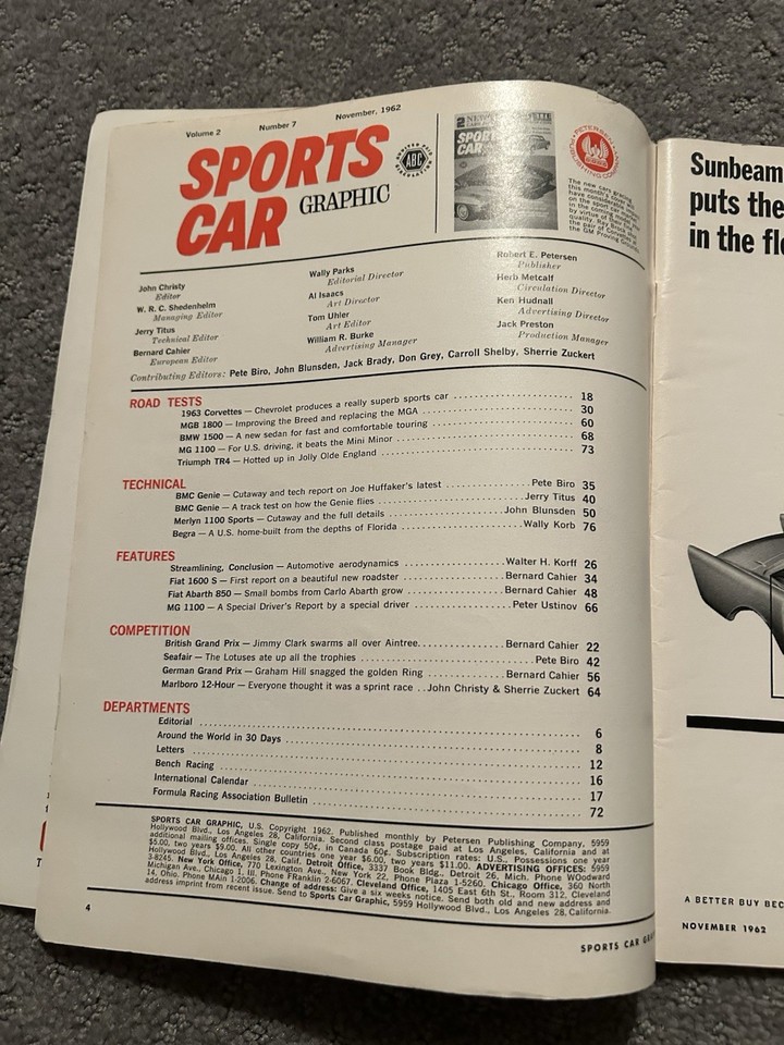 Sports Car Graphic Magazine 1st Article 1963 Corvette. November 1962 ...