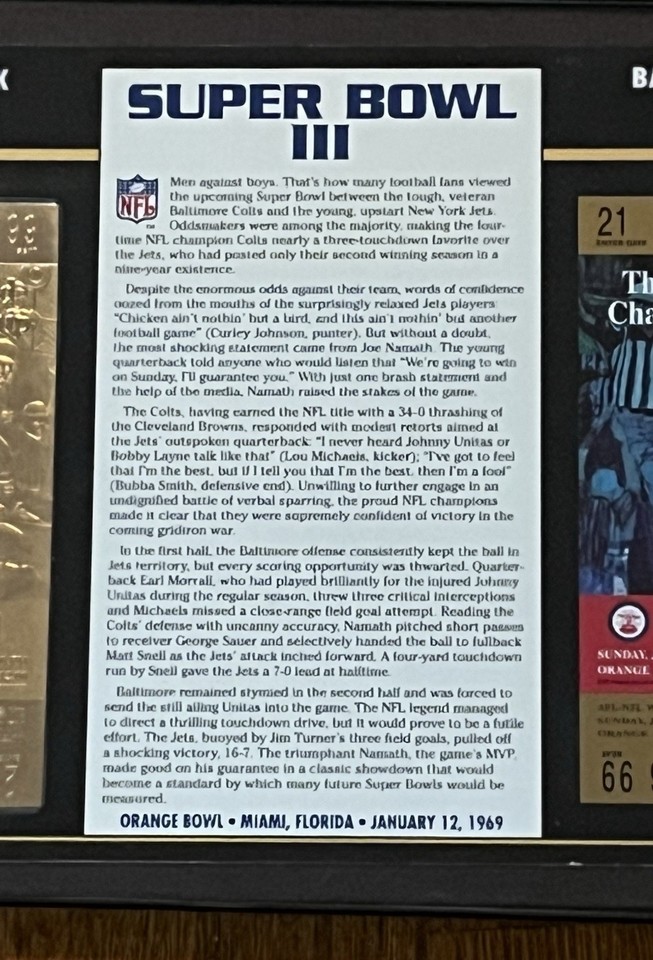 SUPER BOWL III REPLICA 22 K GOLD TICKET WITH GAME NFL FOOTBALL NOTES ...