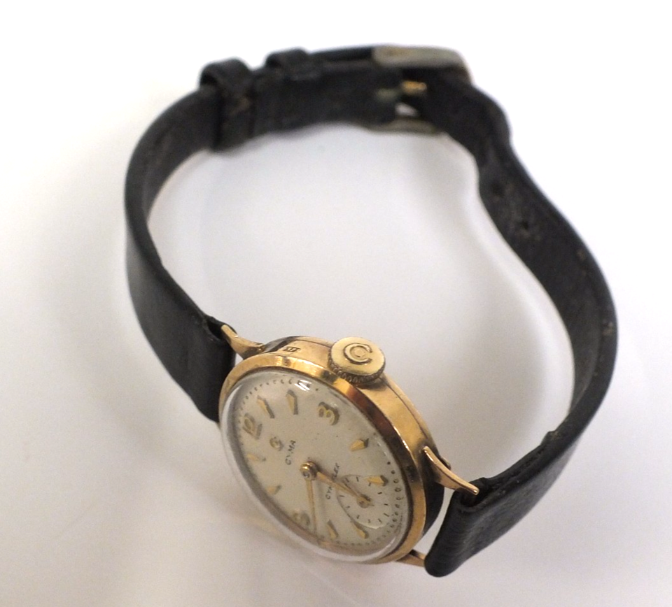 9ct Gold Cased Vintage Cyma Cymaflex Watch Black Leather Strap (Hea ...