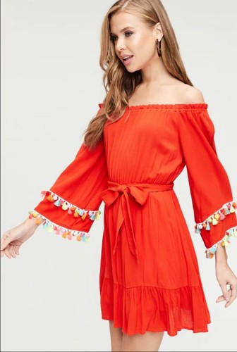 Entro Red multi tussle off the shoulder pom pom women’s dress size ...