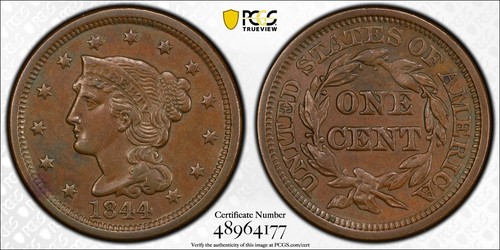 PCGS AU53 1844 Braided Hair Large Cent RPD N-6 R-3 early copper ...