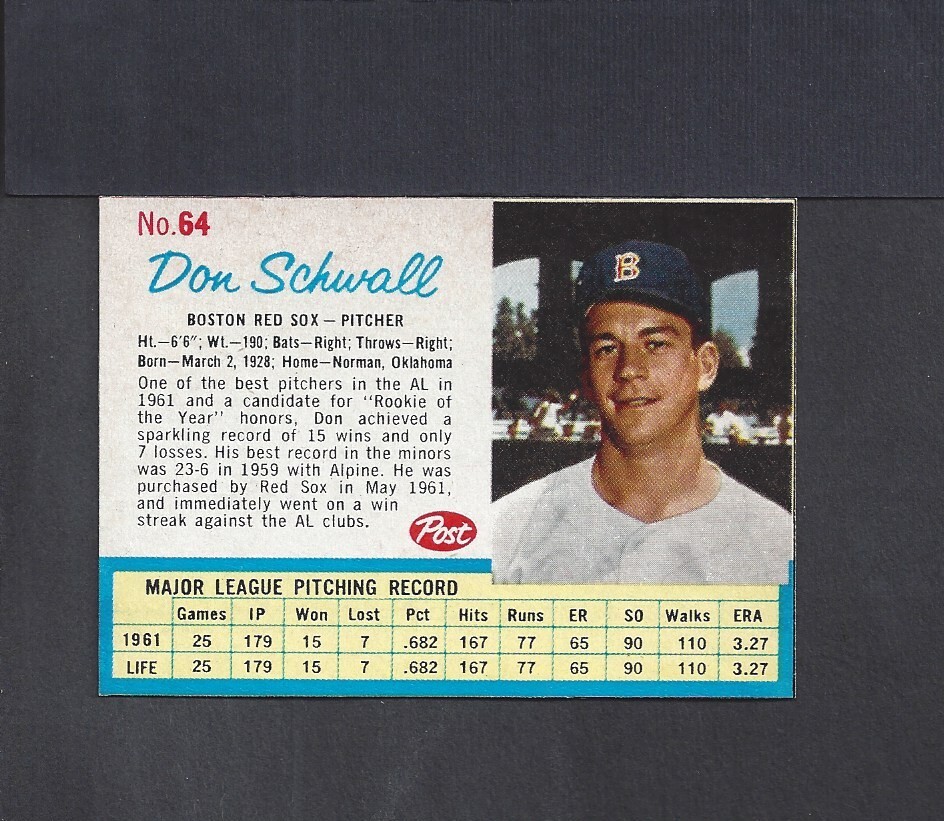 1962 POST #64 DON SCHWALL-1--RED SOX--NO CREASES--NR/MT | eBay