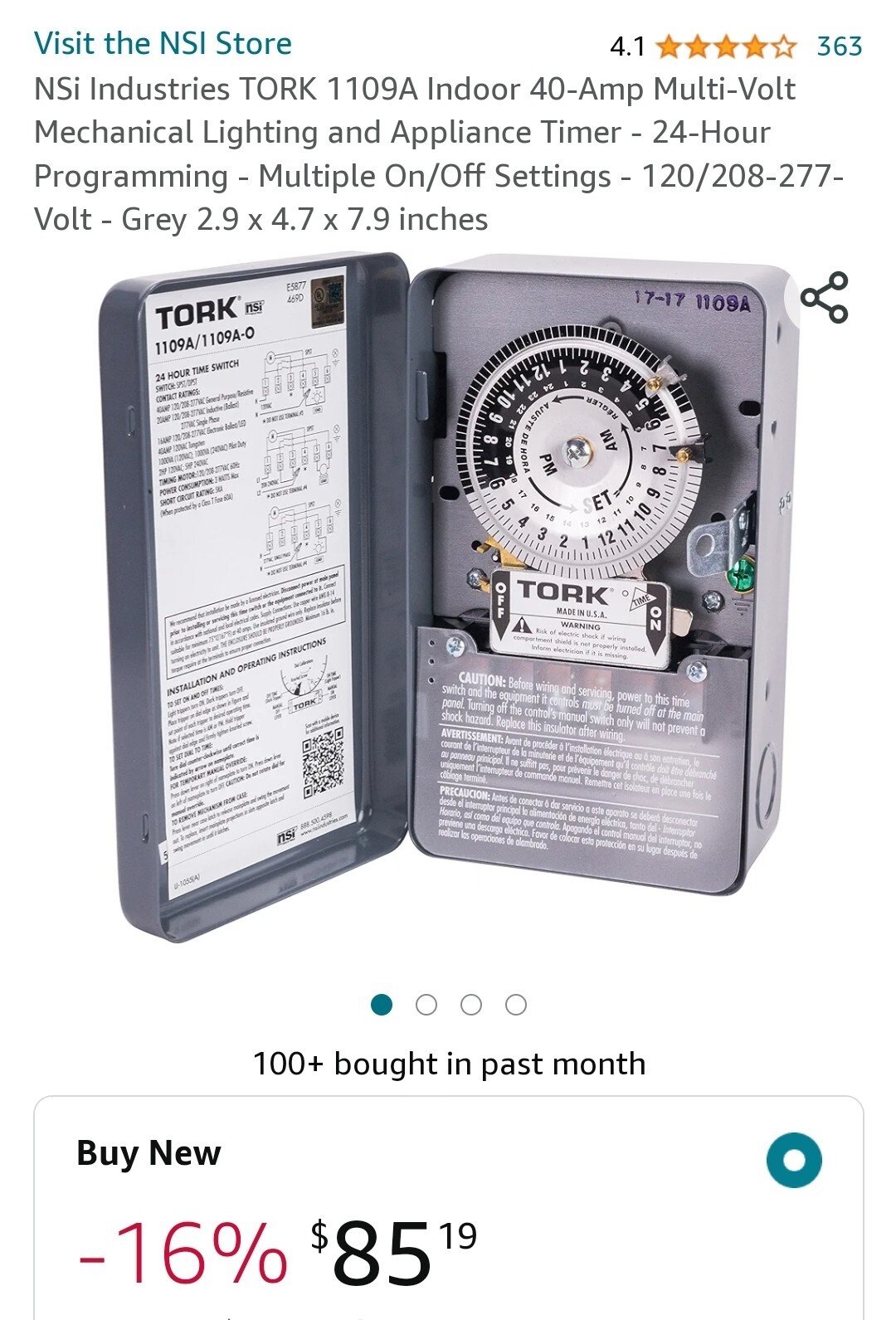 TORK 1109A-O 120-277V 40A Multi-Volt Mechanical Lighting Switch Timer ...