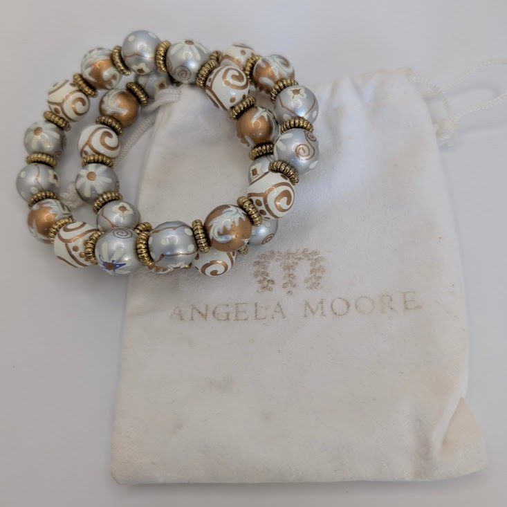 Angela Moore Beaded Necklace Silver Gold White Hand Painted EUC | eBay