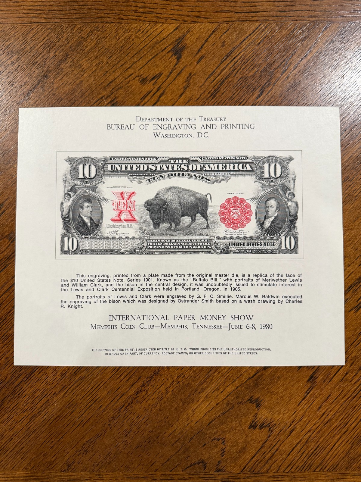 BEP Intaglio Print Early Money Souvenir Card B47 face 1901 $10 Bison LT ...