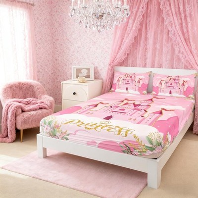 Princess Theme Fitted Full Size,Pink Castle Dreamy Bedding Set with ...