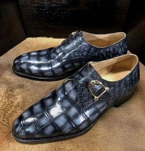 Handmade Premium Quality Navy Blue Croc Print Leather Monk Strap Whole ...