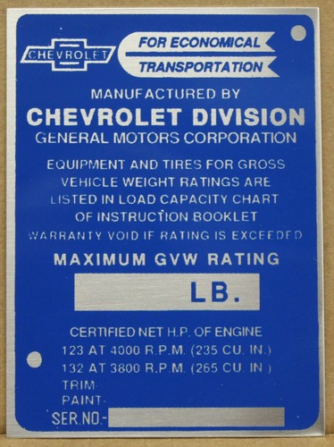SERIAL NUMBER CHEVY ID TAG CHEVROLET DATA PLATE CUSTOM IDENTIFICATION ...