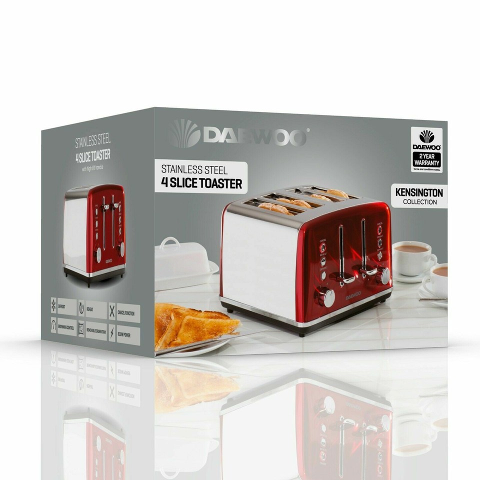 Toaster 4 Slice Defrost Reheat Daewoo Kensington Stainless Steel Red ...