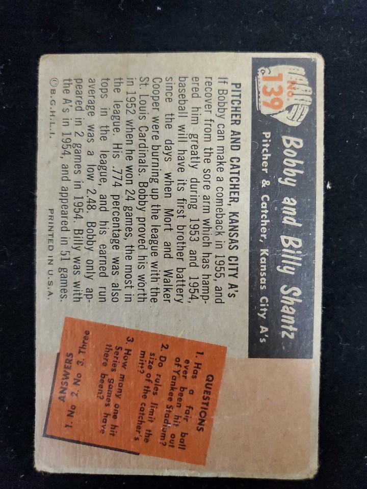 Vintage 1955 Bowman - #139 Bobby Shantz, Billy Shantz M878 | eBay