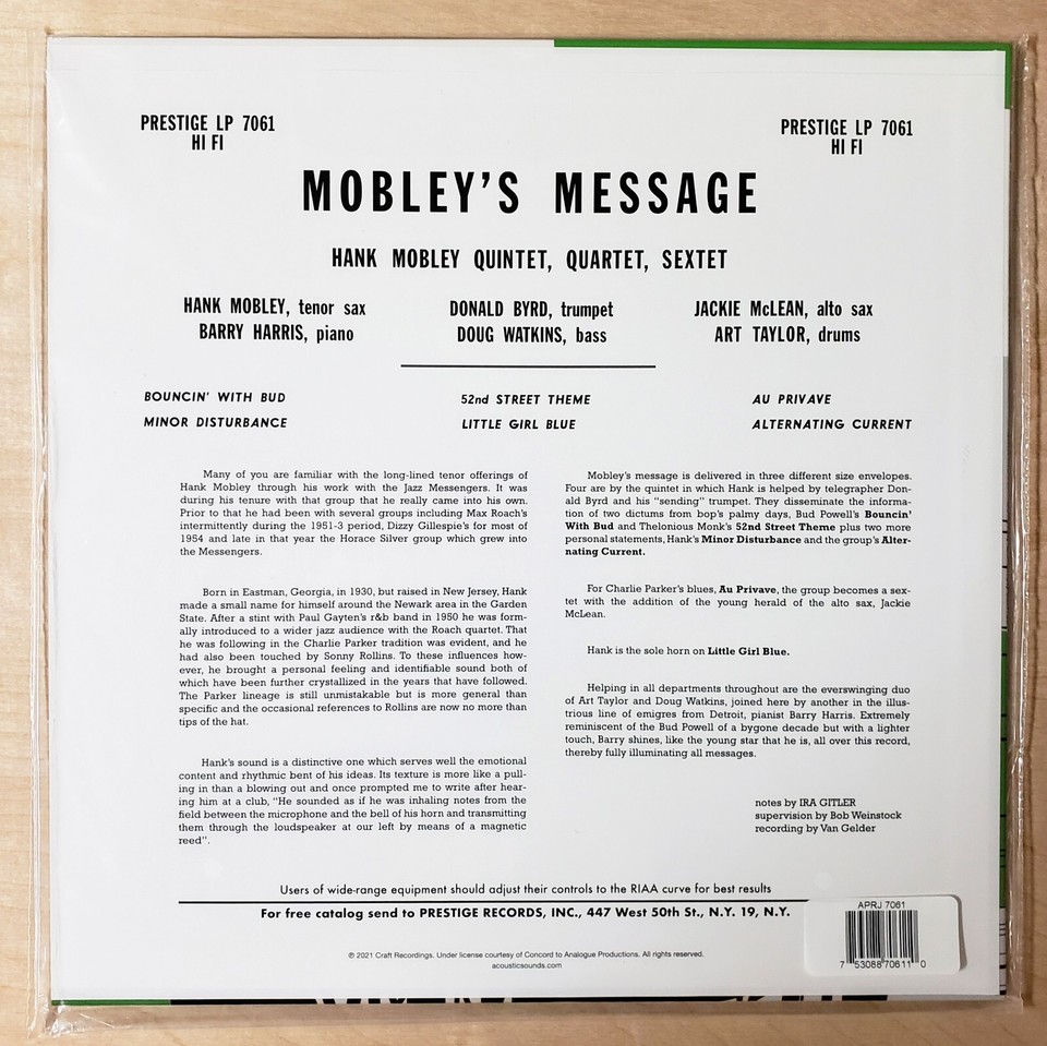 Hank Mobley Mobley's Message Analogue Productions Prestige Sealed 180g ...