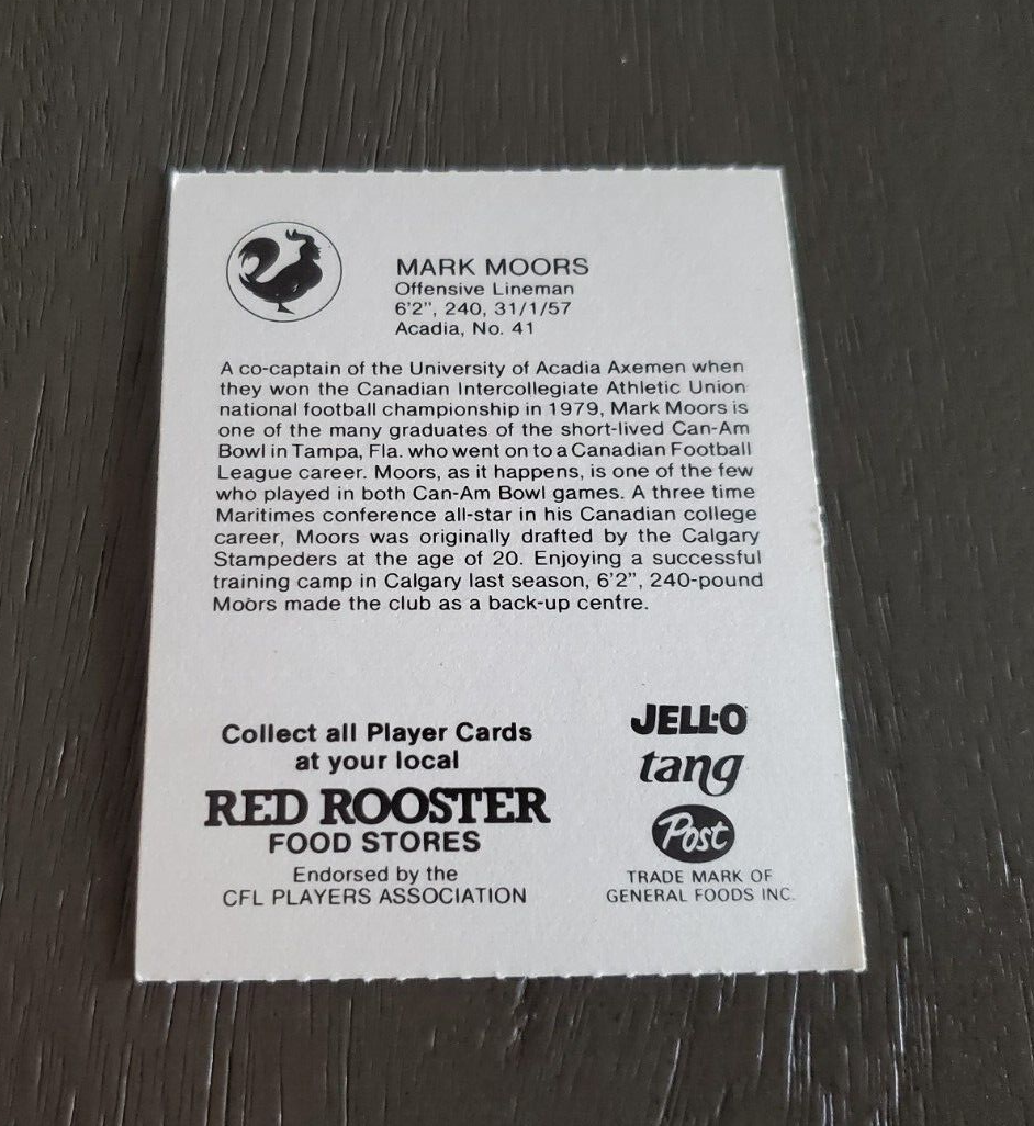Vintage 1981 Red Rooster CFL Football Mark Moors Card Calgary ...
