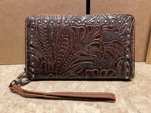 Trinity Ranch Montana Brown Embossed leather Flower Clutch Wrist Wallet ...