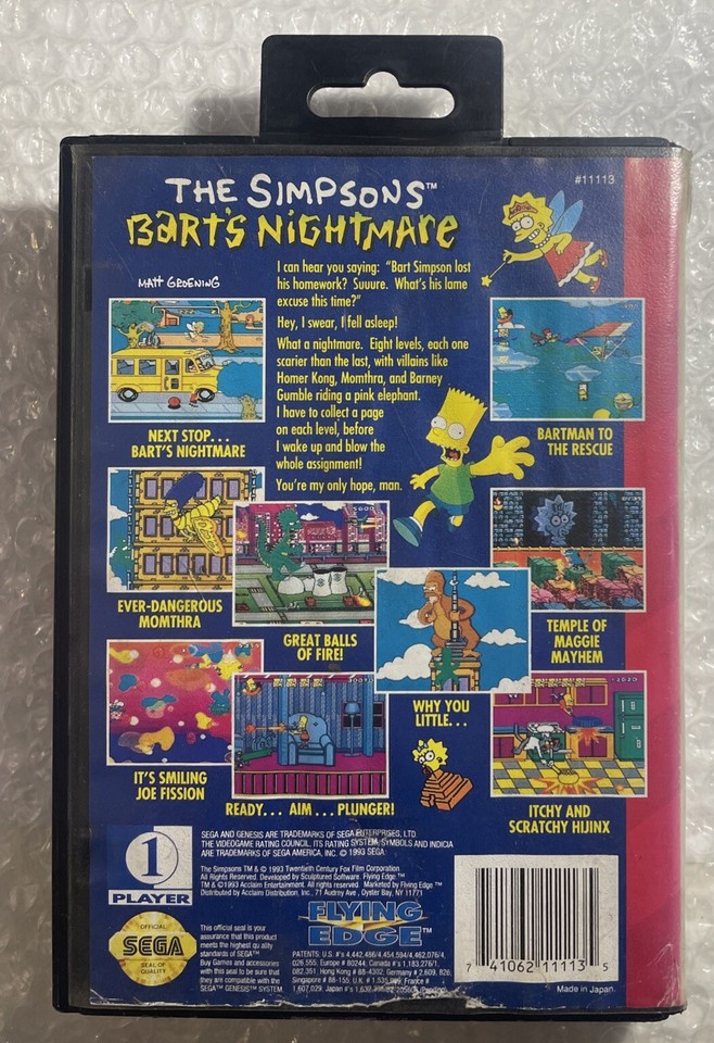 The Simpsons: Bart's Nightmare CIB Complete W/ Hang Tab- Sega Genesis ...