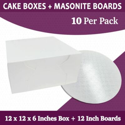 CAKE BOX 12x12x6 + 10Pc Masonite Cake Boards 12" Round White Wedding ...