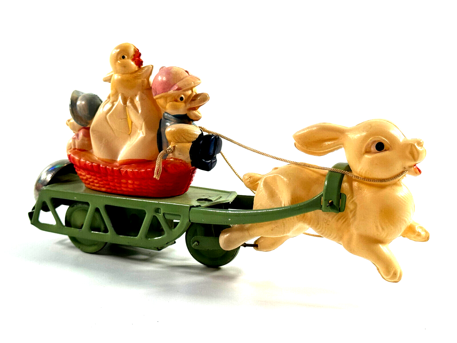 vtg Japan Easter Rabbit Celluloid press steel push bell toy sleigh w ...