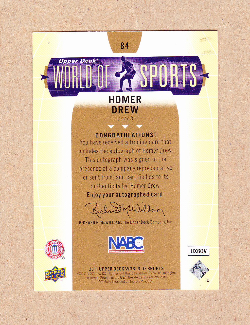 Homer Drew signed 2011 Upper Deck World of Sports certified card #84 ...