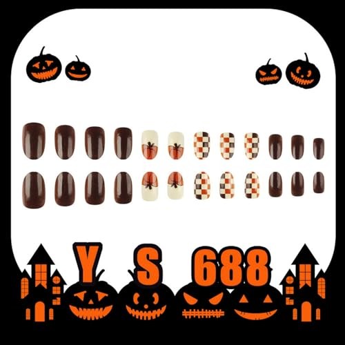 Fall Press on Nails Short Almond Fake Nails Brown False with Grid ...