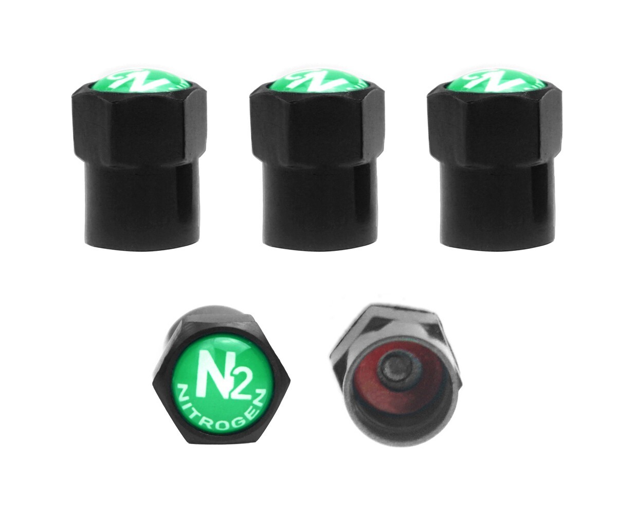 5 Black TPMS Valve Stem Caps Green N2 Nitrogen Logo+Sealing Gasket/O ...