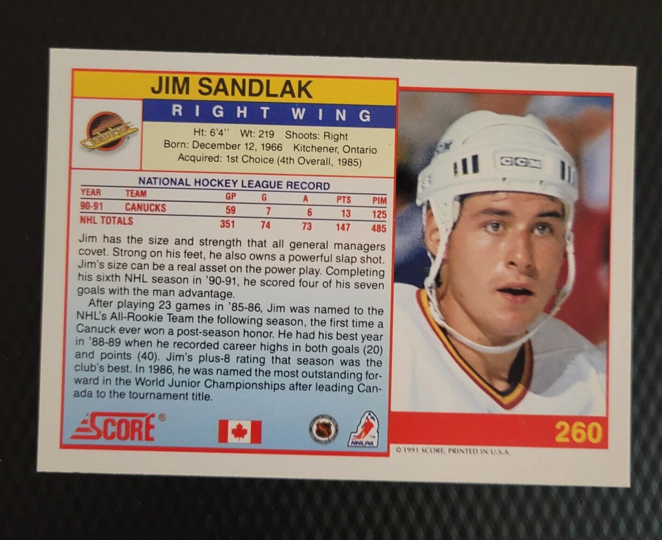 1991-92 Score Canadian JIM SANDLAK Vancouver Canucks Hockey NHL Card ...