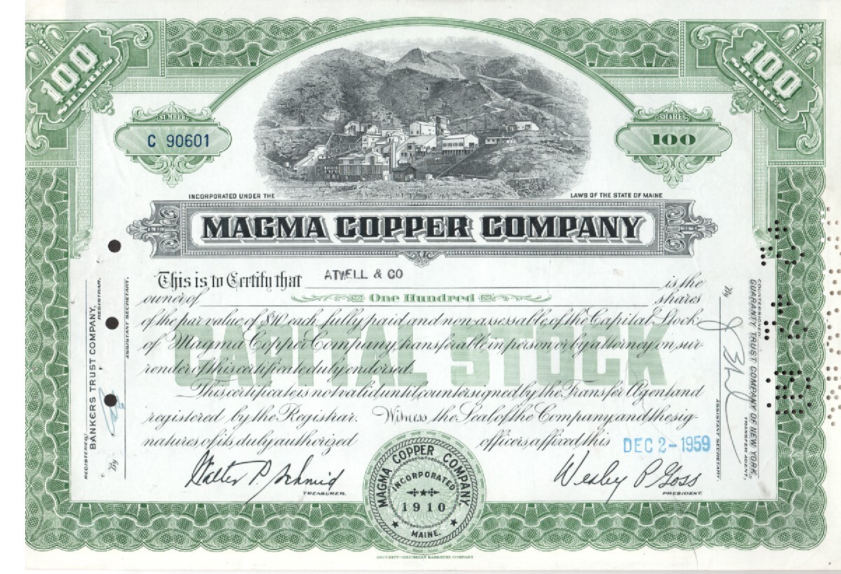 Magma Copper Company - Original Stock Certificate - 1959 - C90601 | eBay