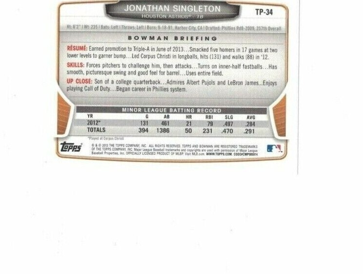 JONATHAN SINGLETON SIGNED IP BOWMAN TOPPS #TP-34 2013 HOUSTON ASTROS ...