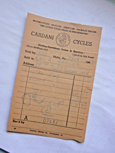 Harley Davidson receipt 1962 for used 5 hp Scott outboard Cardani ...