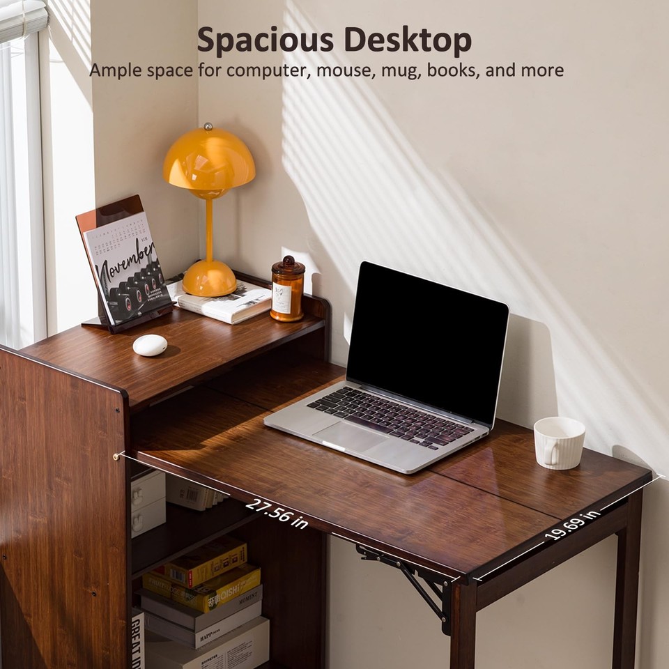 Folding Desk for Small Spaces with Storage, Foldable Mid Century Modern ...