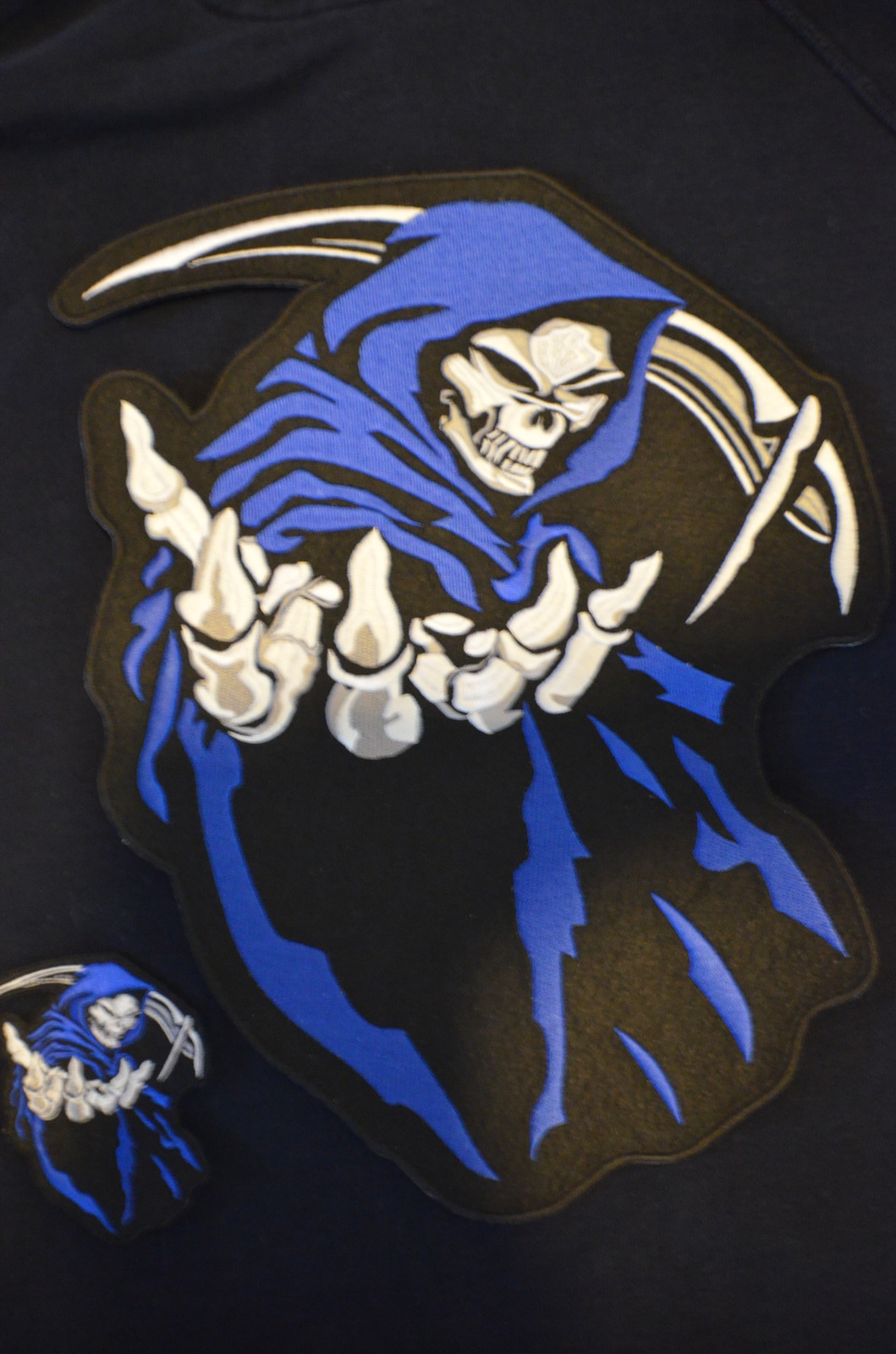 HOODED GRIM REAPER SKULL HOG BIKER LEATHER JACKET CHEST/SLEEVE 4" PATCH ...