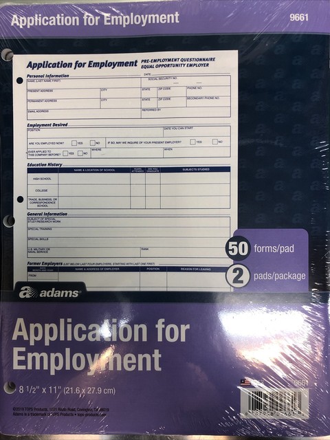 Adams Applications for Employment 8.5 X 11 Inch 3-hole Punched for sale ...