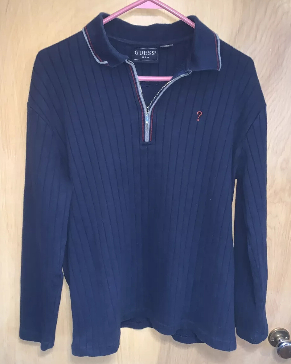 Vintage Men’s GUESS Question Mark Logo Zip Up Polo Sh… - Gem