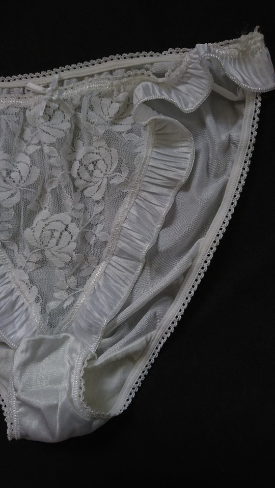 VTG GLOSSY FRILLED LEG TANGA KNICKERS/PANTIES SHEER FLORAL LACE PANEL 8 ...