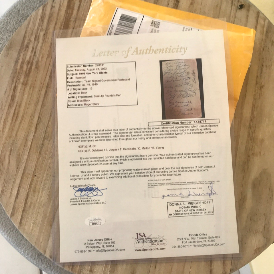 Mel Ott Autograph- Signed Postcard 40's & OTHERS PLAYERS AUTHENTICITY JSA CERTIF | eBay