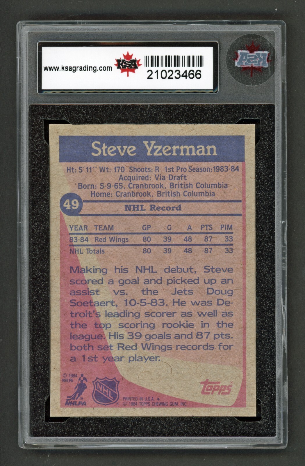 1984-85 TOPPS #49 STEVE YZERMAN ROOKIE CARD KSA 10 GEM MINT | eBay
