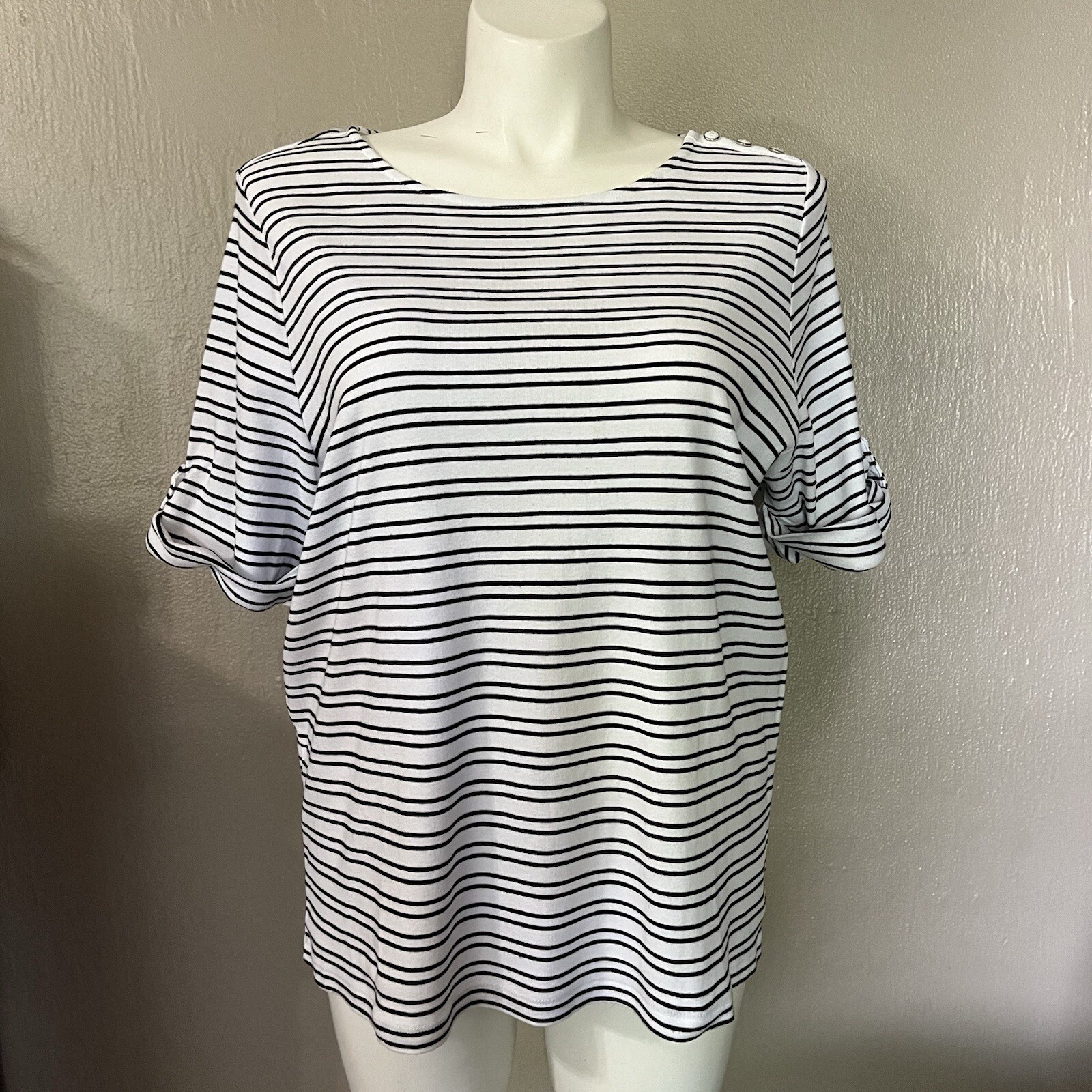 CJ Banks Womens Plus Size Roll Tab Short Sleeve Top Black White Stripes ...