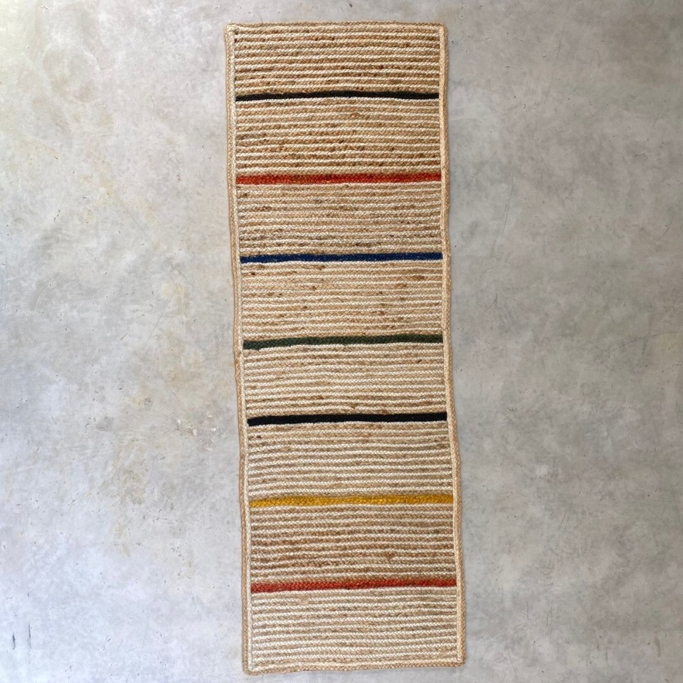 Hallway or entrance jute rug runner with colourful pinstripe design 60 ...