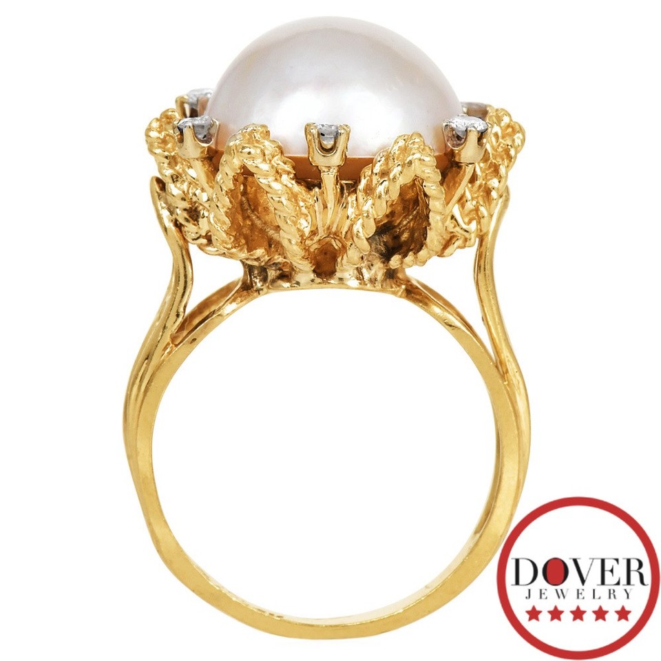 Estate Diamond 12mm Pearl 13K Yellow Gold Flower Cocktail Ring 9.1 ...
