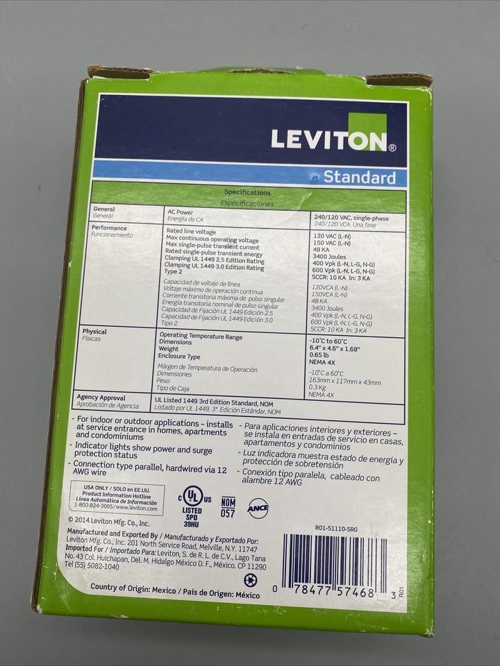 Leviton 51110 SRG 120 Volt 240 Volt Residential Whole House Surge leviton-51110-srg-120-volt-240-volt-residential-whole-house-surge