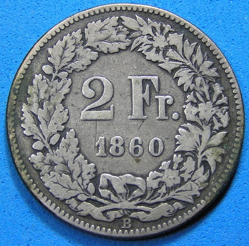 Switzerland 2 Francs .900 Silver Coin 1860 B, KM-10a, Free S/H after ...