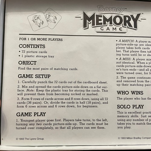 Vintage Barney Memory Matching Game 1993 Milton Bradley B28 for sale ...